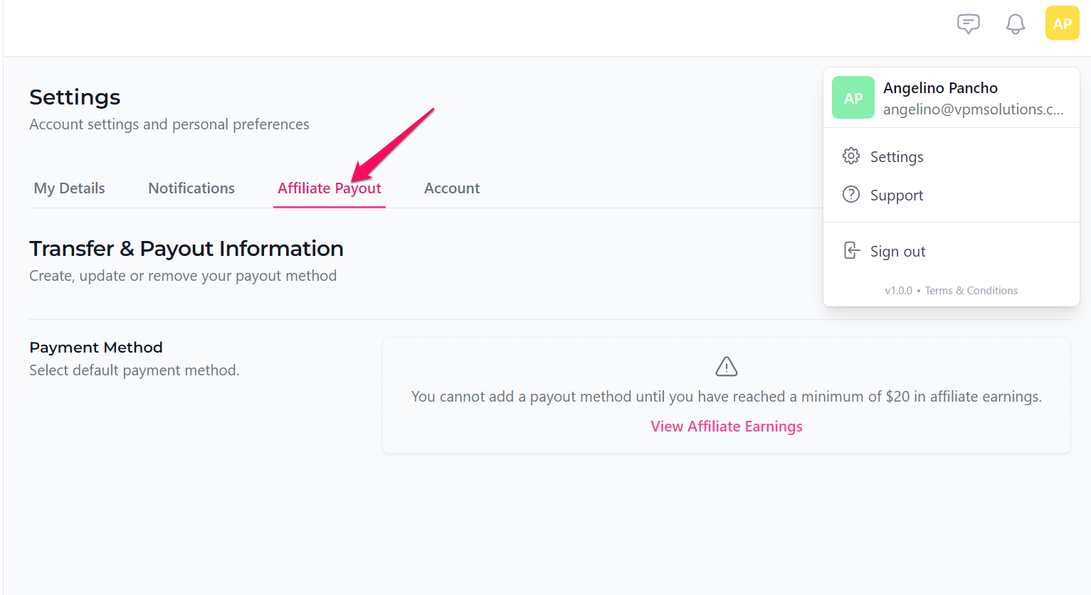Adding payout method for Referral Payments