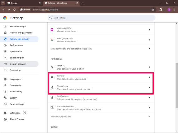 Google Chrome Camera and Microphone Settings