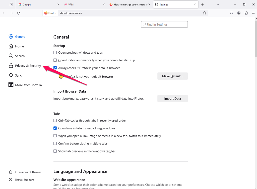 Firefox Camera and Microphone Settings