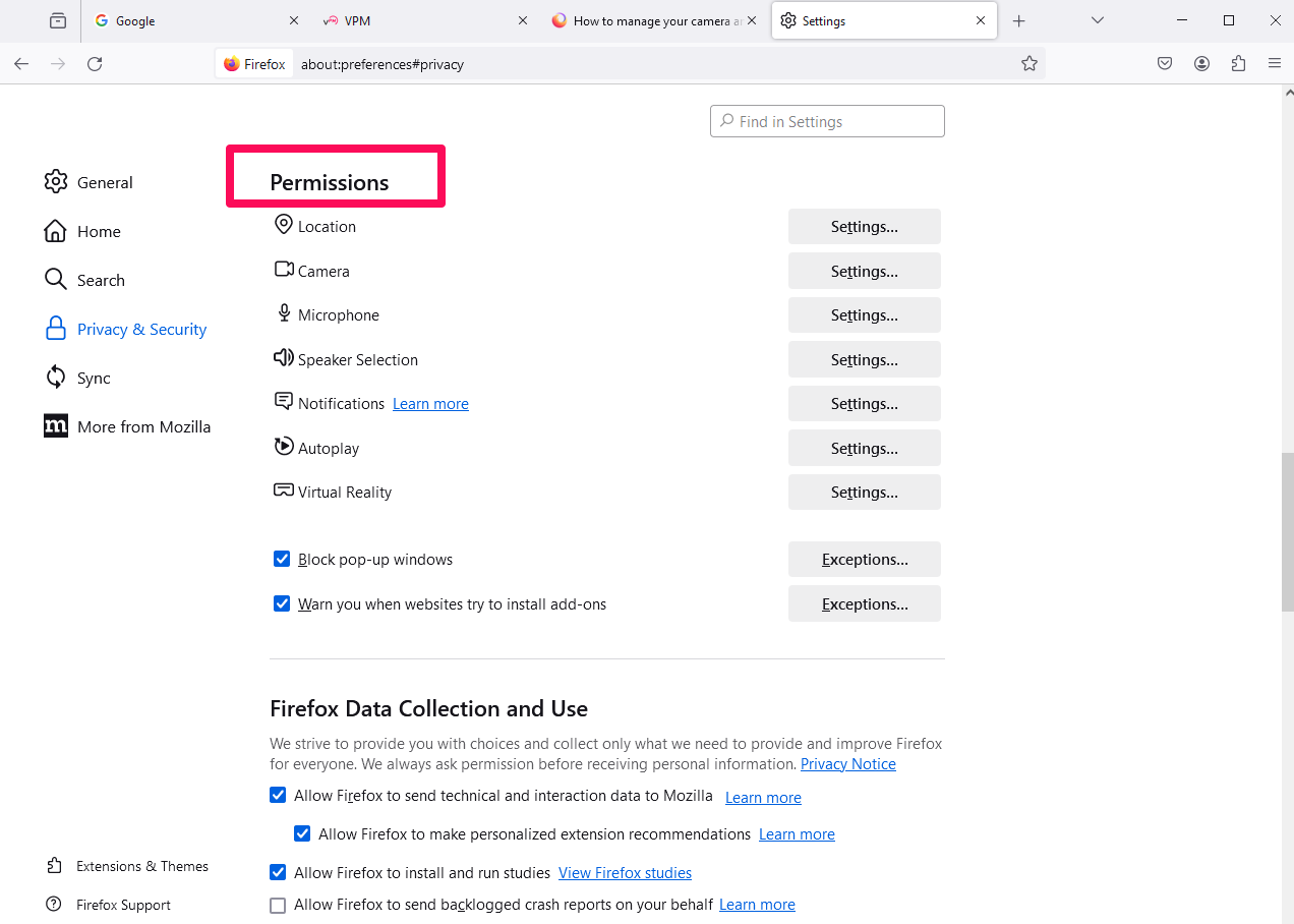 Firefox Camera and Microphone Settings