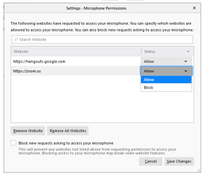 Firefox Camera and Microphone Settings