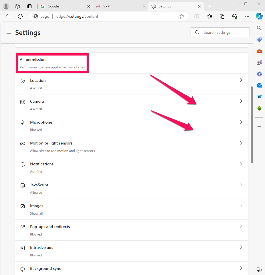 Microsoft Edge Camera and Microphone Settings