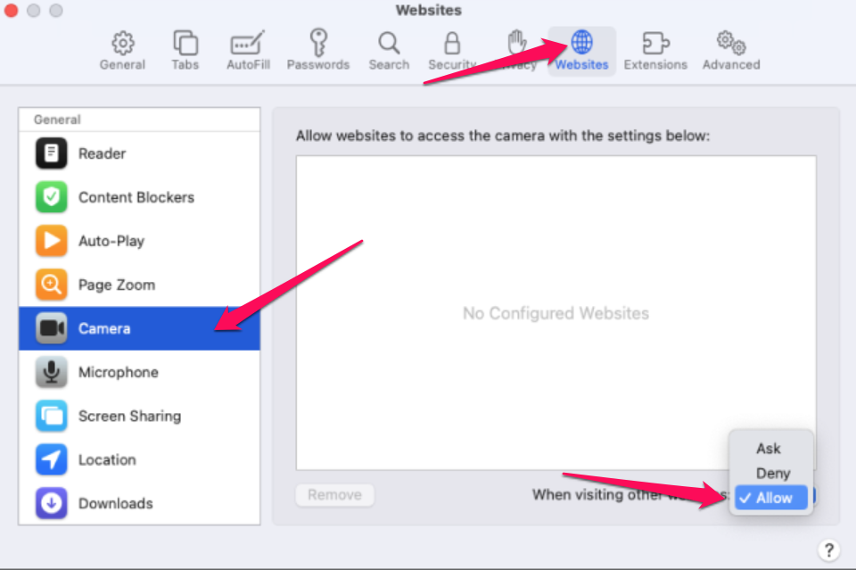 Safari Camera and Microphone Settings
